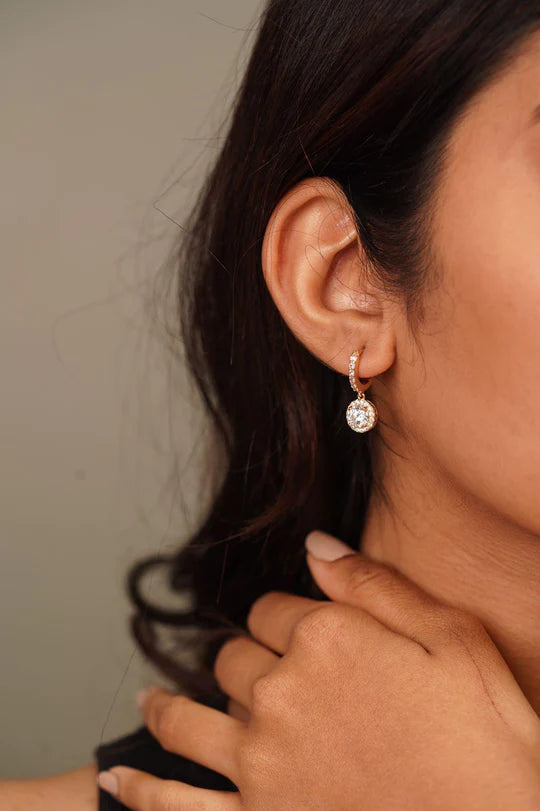Round halo Hoop Danglers – Belleza Jewels